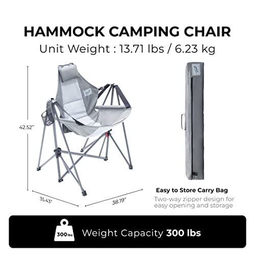 Camphor Designs Portable Swing Hammock Chair | Foldable Recliner Rocking Lounger with Headrest and Drink Holder | for Outdoor & Sports, Beach, Lawn, Hunting, Tailgating, Fishing | Supports 300 Lbs