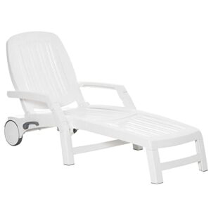 outsunny folding chaise lounge chair on wheels with storage box, lightweight plastic sun recliner with 5 position backrest for beach & pool, white