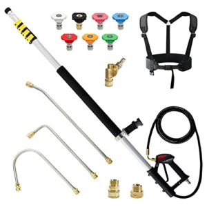 janz 24 ft telescoping pressure washer wand with 2 pressure washer extension wands,gutter cleaner attachment, 7 spray nozzle tips, 2 hose inlet adapters, pivoting coupler and support harness