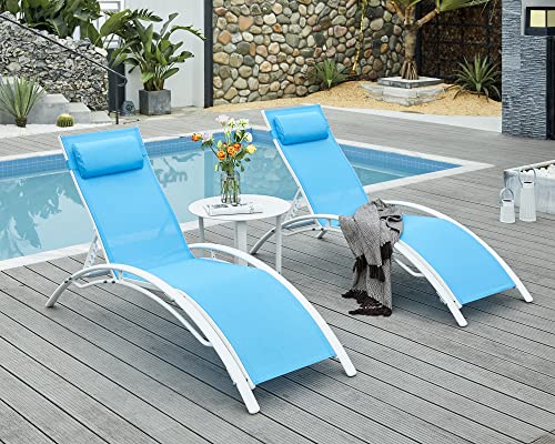 Patio Lounge Chairs Set Outdoor Chaise Lounge Recliner,Tanning Chairs for Outside,Adjustable Chaise Lounge with 2 Pillows for Beach Pool Poolside Yard,2 Pcs,Blue