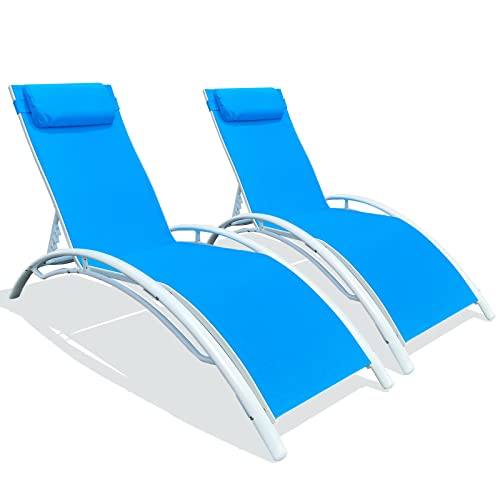 Patio Lounge Chairs Set Outdoor Chaise Lounge Recliner,Tanning Chairs for Outside,Adjustable Chaise Lounge with 2 Pillows for Beach Pool Poolside Yard,2 Pcs,Blue