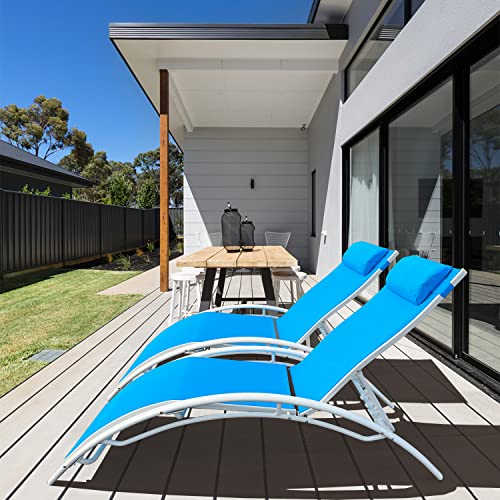 Patio Lounge Chairs Set Outdoor Chaise Lounge Recliner,Tanning Chairs for Outside,Adjustable Chaise Lounge with 2 Pillows for Beach Pool Poolside Yard,2 Pcs,Blue