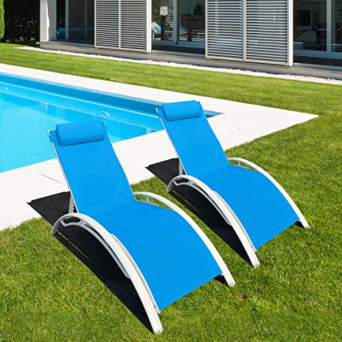 Patio Lounge Chairs Set Outdoor Chaise Lounge Recliner,Tanning Chairs for Outside,Adjustable Chaise Lounge with 2 Pillows for Beach Pool Poolside Yard,2 Pcs,Blue