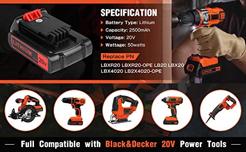 KINGTIANLE 2.5Ah 20V Max Lithium Battery Replacement for Black and Decker 20V Lithium Battery LED Indicator LBXR20 LBXR20-OPE LB20 LBX20 LBX4020 LB2X4020 Cordless Tools Batteries