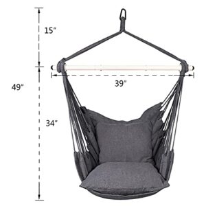 Highwild Hammock Chair Hanging Rope Swing - Max 500 Lbs - 2 Cushions Included - Steel Spreader Bar with Anti-Slip Rings - for Any Indoor or Outdoor Spaces (Grey)