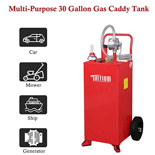 TUFFIOM 30 Gallon Gas Caddy With Wheels, Fuel Transfer Tank Gasoline Diesel Can Reversible Rotary Hand Siphon Pump, Fuel Storage Tank For Automobiles ATV Car Mowers Tractors Boat Motorcycle(Red)