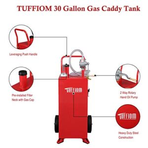 TUFFIOM 30 Gallon Gas Caddy With Wheels, Fuel Transfer Tank Gasoline Diesel Can Reversible Rotary Hand Siphon Pump, Fuel Storage Tank For Automobiles ATV Car Mowers Tractors Boat Motorcycle(Red)