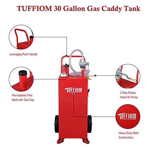 TUFFIOM 30 Gallon Gas Caddy With Wheels, Fuel Transfer Tank Gasoline Diesel Can Reversible Rotary Hand Siphon Pump, Fuel Storage Tank For Automobiles ATV Car Mowers Tractors Boat Motorcycle(Red)