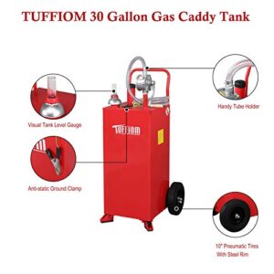 TUFFIOM 30 Gallon Gas Caddy With Wheels, Fuel Transfer Tank Gasoline Diesel Can Reversible Rotary Hand Siphon Pump, Fuel Storage Tank For Automobiles ATV Car Mowers Tractors Boat Motorcycle(Red)