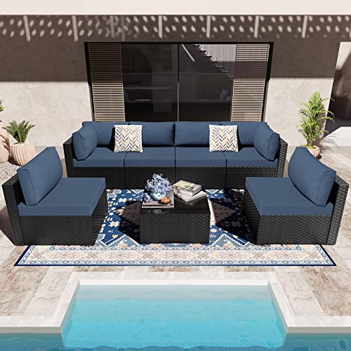 Walsunny 7 Pieces Patio Outdoor Furniture Sets,Low Back All-Weather Rattan Sectional Sofa with Tea Table&Washable Couch Cushions (Aegean Blue)