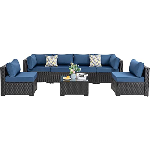 Walsunny 7 Pieces Patio Outdoor Furniture Sets,Low Back All-Weather Rattan Sectional Sofa with Tea Table&Washable Couch Cushions (Aegean Blue)