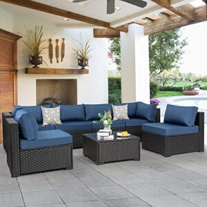 Walsunny 7 Pieces Patio Outdoor Furniture Sets,Low Back All-Weather Rattan Sectional Sofa with Tea Table&Washable Couch Cushions (Aegean Blue)