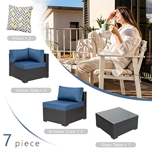 Walsunny 7 Pieces Patio Outdoor Furniture Sets,Low Back All-Weather Rattan Sectional Sofa with Tea Table&Washable Couch Cushions (Aegean Blue)