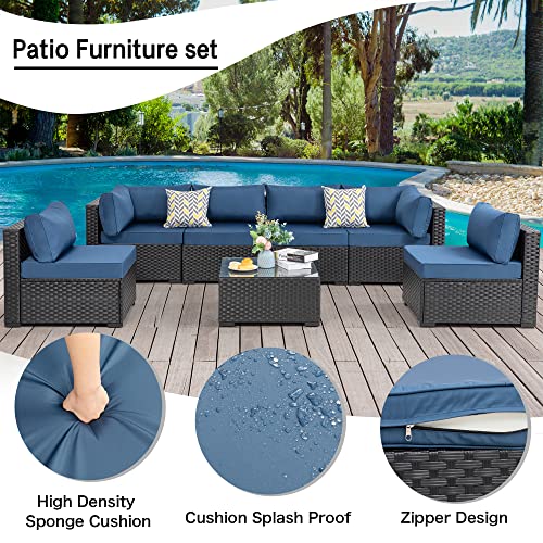 Walsunny 7 Pieces Patio Outdoor Furniture Sets,Low Back All-Weather Rattan Sectional Sofa with Tea Table&Washable Couch Cushions (Aegean Blue)