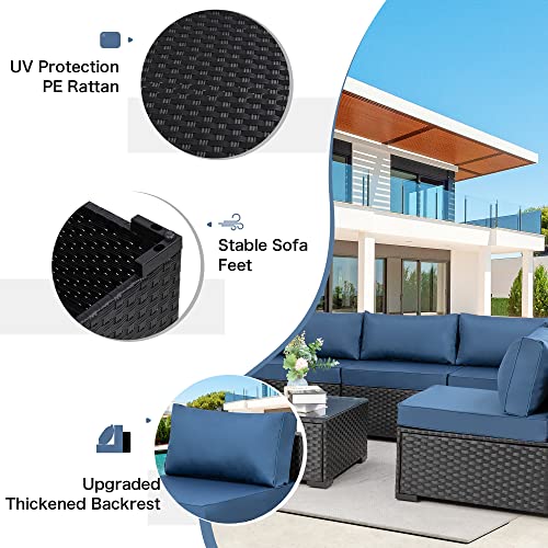 Walsunny 7 Pieces Patio Outdoor Furniture Sets,Low Back All-Weather Rattan Sectional Sofa with Tea Table&Washable Couch Cushions (Aegean Blue)