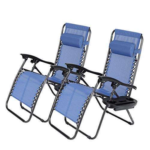 Geniqua Set of 2 Zero Gravity Lounge Chair Recliners Steel Mesh Fabric Outdoor Folding Chair w/Footrest, Adjustable, Pillow and Tray, Black