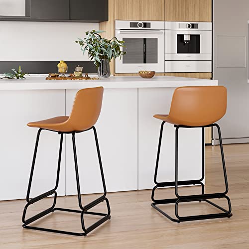 Counter Stools Industrial Faux Leather Bar Stools Set of 2,Urban Armless Dining Chairs with Metal Legs Modern Counter Height Barstools for High Desk Home Office Restaurants,24"