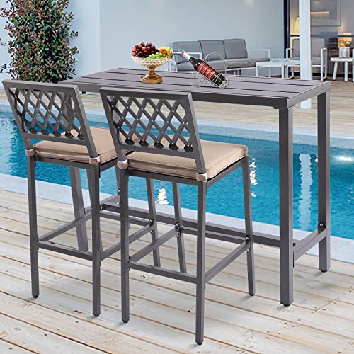 ONLYCTR Outdoor Bar Chairs and Table, Metal Outdoor Bar Set, 3 Piece Patio Bar Table Set with Bar Stools & Cushions for Backyard, Porch, Bistro, Balcony (Gray, 55" Table, 2 X-Back stools)