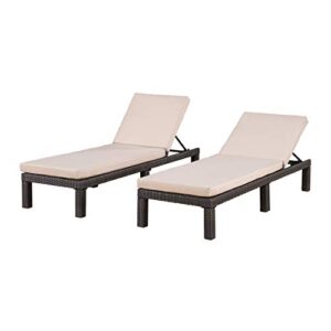 christopher knight home puerta outdoor wicker chaise lounges with water resistant cushion, 2-pcs set, dark brown / beige