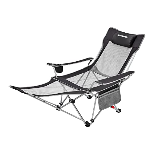 FUNDANGO Reclining Camping Chair with Foot Rest, Portable Folding Reclining Chair, Outdoor Folding Lounge Chairs with Armrest, 64.9X22.8X28.7inches, Black/MediumGrey