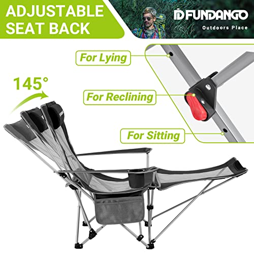 FUNDANGO Reclining Camping Chair with Foot Rest, Portable Folding Reclining Chair, Outdoor Folding Lounge Chairs with Armrest, 64.9X22.8X28.7inches, Black/MediumGrey