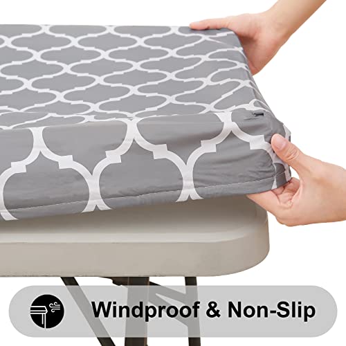 smiry Rectangle Tablecloth, Waterproof Elastic Fitted Table Covers for 6 Foot Tables, Wipeable Flannel Backed Vinyl Tablecloths for Picnic, Camping, Indoor, Outdoor (Grey Morocco, 30x72 Inches)