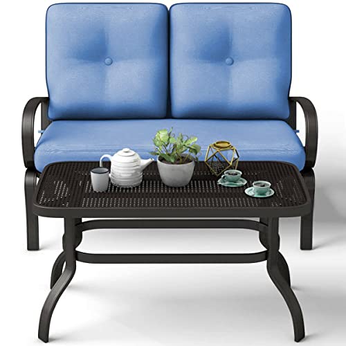 n/a 2PC Patio Love Seat Coffee Table Furniture Set Bench W/Cushions Blue Loveseat Coffee Table