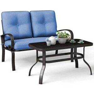 n/a 2PC Patio Love Seat Coffee Table Furniture Set Bench W/Cushions Blue Loveseat Coffee Table