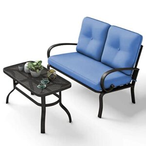 n/a 2PC Patio Love Seat Coffee Table Furniture Set Bench W/Cushions Blue Loveseat Coffee Table