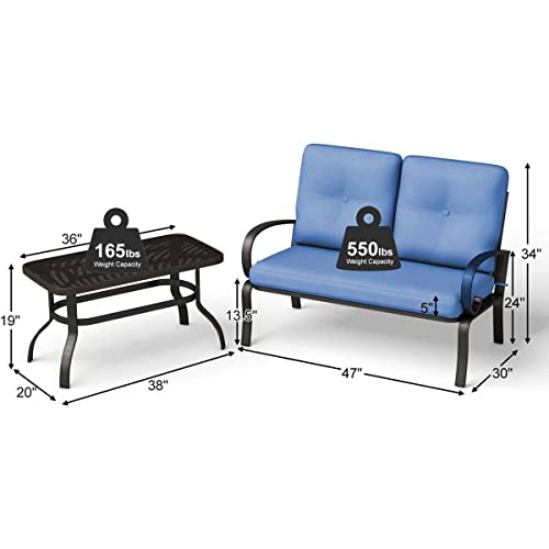 n/a 2PC Patio Love Seat Coffee Table Furniture Set Bench W/Cushions Blue Loveseat Coffee Table