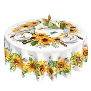 smuxqni blooming sunflower tablecloth round 60 inch- summer yellow floral table cloth washable reusable farmhouse sunflower table cover table cloth for home patio party picnic