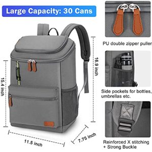 Voova Backpack Cooler Insulated Waterproof Leakproof Cooler Back Pack, Portable Soft Sided Coolers Bookbag for Men Women to Beach Lunch Picnic Camping Hiking Fishing Travel Trips, 30 Cans,Grey