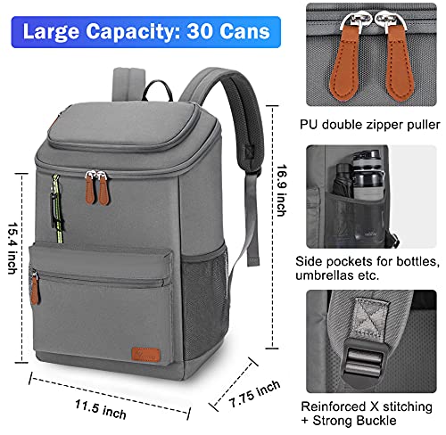 Voova Backpack Cooler Insulated Waterproof Leakproof Cooler Back Pack, Portable Soft Sided Coolers Bookbag for Men Women to Beach Lunch Picnic Camping Hiking Fishing Travel Trips, 30 Cans,Grey