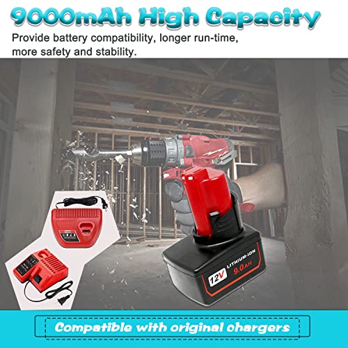 2Pack 12V 9.0Ah Replacement Battery Compatible with Milwaukee M12 12V Power Tools for Milwaukee M12 Battery 48-11-2460 48-11-2401 48-11-2411 48-11-2412 48-11-2420 48-11-2440 Li-ion Tools Batteries