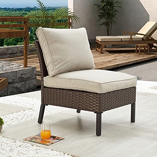 Sports Festival Outdoor Furniture Patio Wicker Chair All Weather Rattan Sofa with Thick Seat and Back Cushions Metal Furniture Armless Chair for Garden Yard Porch