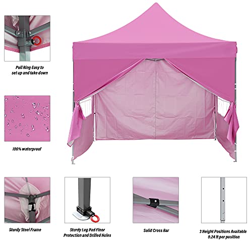 GDY 10x10 Ft Outdoor Pop Up Canopy Tent, Commercial Portable Instant Folding Shelter Gazebos, Pink Waterproof Canopies with Wheeled Carrying Bag