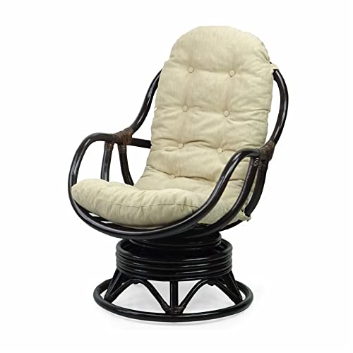 Bali Swivel Rocking Handmade Lounge Chair ECO Natural Wicker Rattan with Cream Cushion, Dark Brown