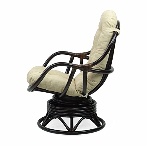 Bali Swivel Rocking Handmade Lounge Chair ECO Natural Wicker Rattan with Cream Cushion, Dark Brown