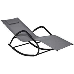 outsunny rocking chair, zero gravity patio chaise sun lounger, outdoor rocker, uv water resistant, pillow for sunbathing, lawn, garden or pool, grey