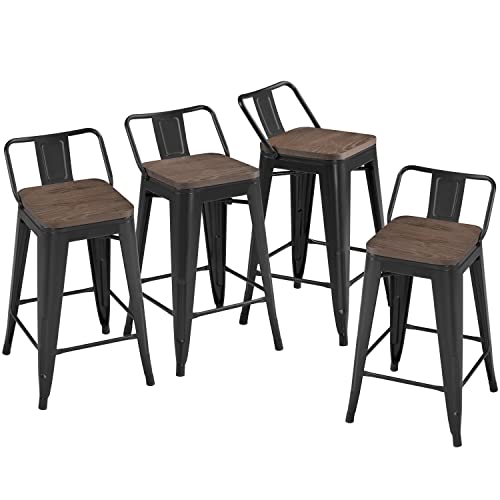 Topeakmart Count Height Bar Stool 4PCS Metal Stools with Low Back & Wood Top for Outdoor & Indoor Barstools Home Stools Black 24 inch