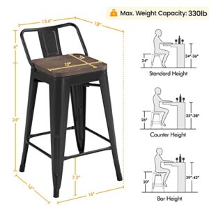 Topeakmart Count Height Bar Stool 4PCS Metal Stools with Low Back & Wood Top for Outdoor & Indoor Barstools Home Stools Black 24 inch