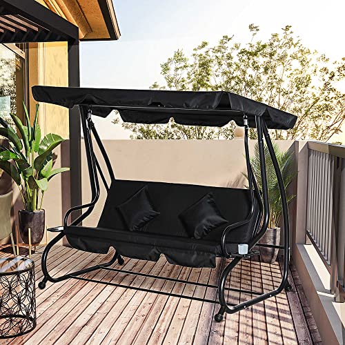 Outsunny 3-Seat Outdoor Patio Swing Chair, Converting Flatbed, Outdoor Swing Glider with Adjustable Canopy, Removable Cushion and Pillows, for Porch, Garden, Poolside, Backyard, Black