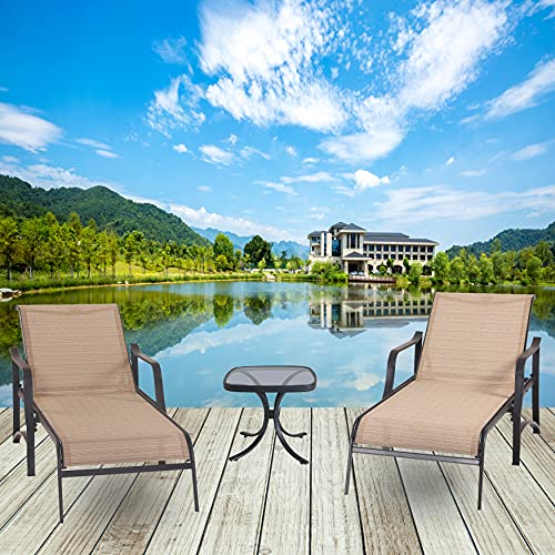 LOKATSE HOME Adjustable Patio Chaise Lounge Set of 2, Outdoor Textiline Reclining Chairs with 1 Glass Top Bistro Table Sturdy Metal Frame for Backyard Porch Poolside, Beige