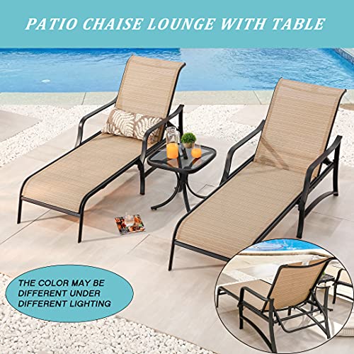 LOKATSE HOME Adjustable Patio Chaise Lounge Set of 2, Outdoor Textiline Reclining Chairs with 1 Glass Top Bistro Table Sturdy Metal Frame for Backyard Porch Poolside, Beige