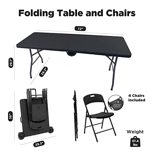 Creative Outdoor Folding Table and Chairs, 6 Ft, Built-in Wheels, Portable Durable Plastic, Indoor/Outdoor Events, Perfect for Camping/Picnic/Tailgating/Party, Easy to Clean