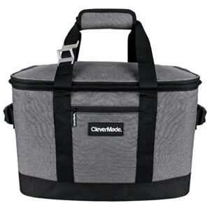 clevermade collapsible cooler bag: insulated leakproof 50 can soft sided portable cooler bag for lunch, grocery shopping, camping and road trips, heather grey/black