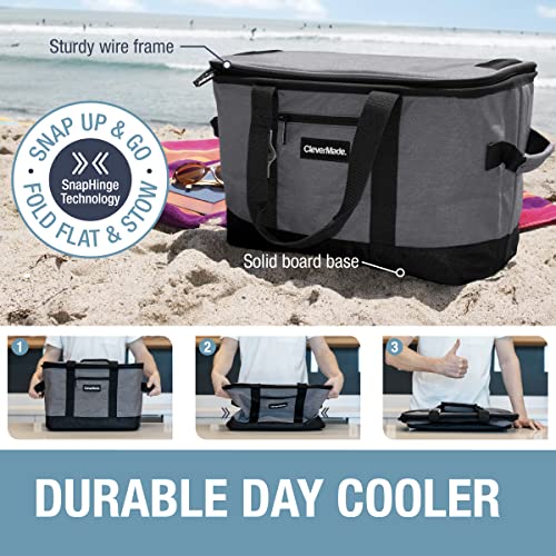 CleverMade Collapsible Cooler Bag: Insulated Leakproof 50 Can Soft Sided Portable Cooler Bag for Lunch, Grocery Shopping, Camping and Road Trips, Heather Grey/Black