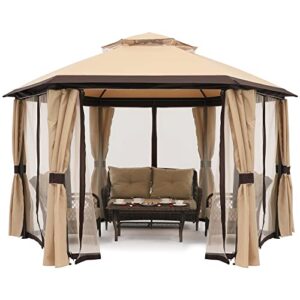 10'x10' Gazebos for Patios Outdoor Hexagonal Gazebo with Netting and Privacy Curtains by ABCCANOPY