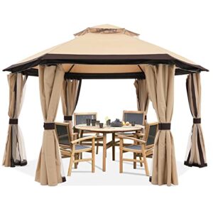 10'x10' Gazebos for Patios Outdoor Hexagonal Gazebo with Netting and Privacy Curtains by ABCCANOPY