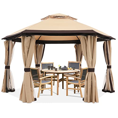 10'x10' Gazebos for Patios Outdoor Hexagonal Gazebo with Netting and Privacy Curtains by ABCCANOPY